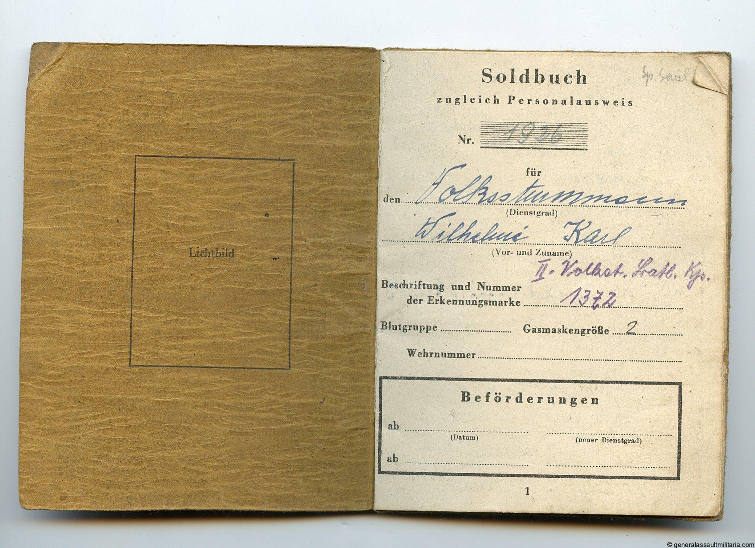 Deutscher Volkssturm Soldbuch + Erkennungsmarke WB in silver ...
