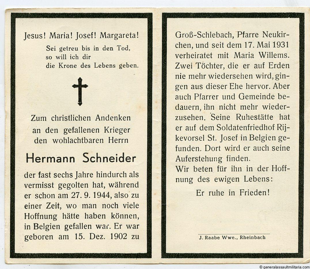 Sterbebild Hermann Schneider - KIA 27.09.44 Belgium - Generalassaultmilitaria